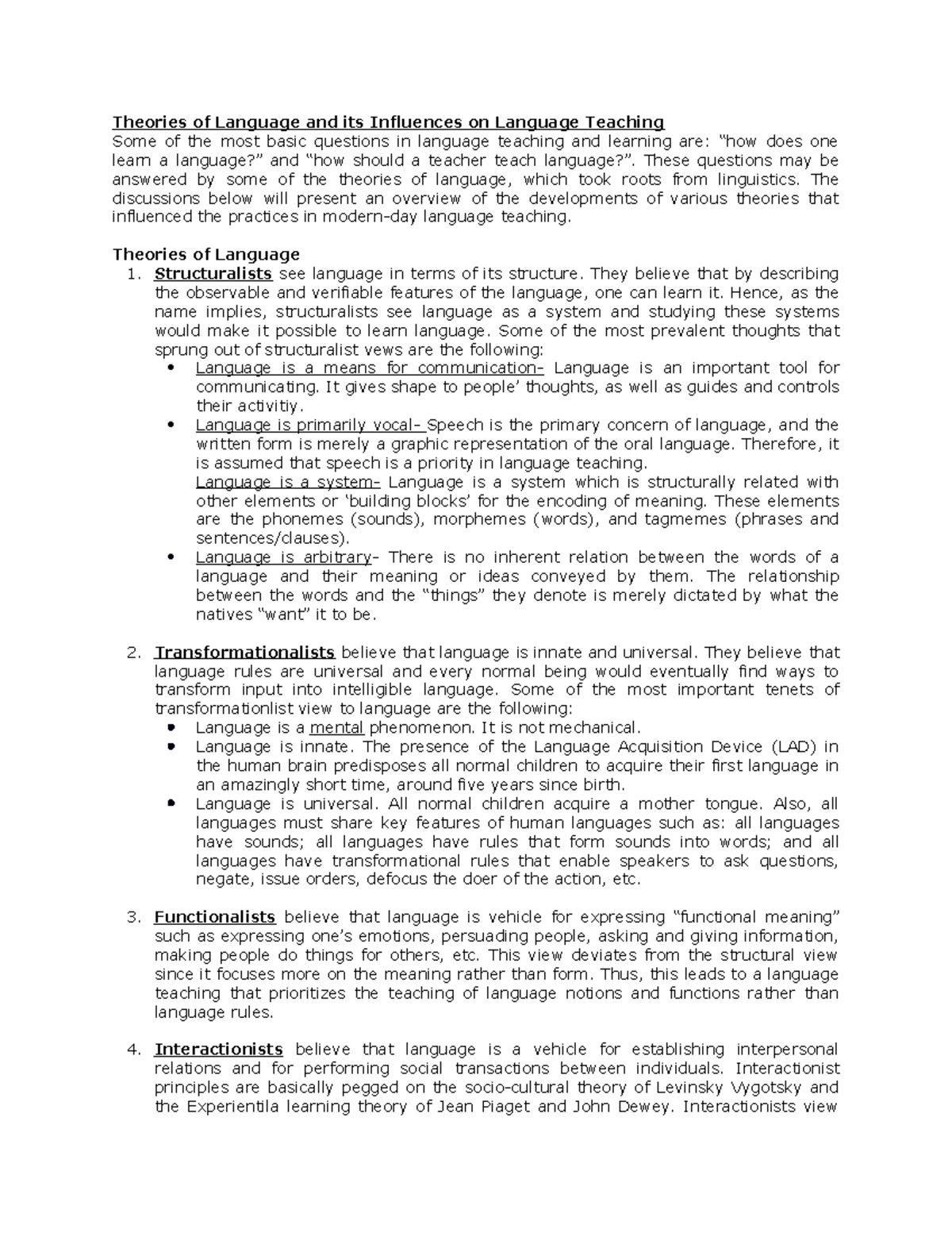 Theories Of Language And Its Influences On Language Teaching These