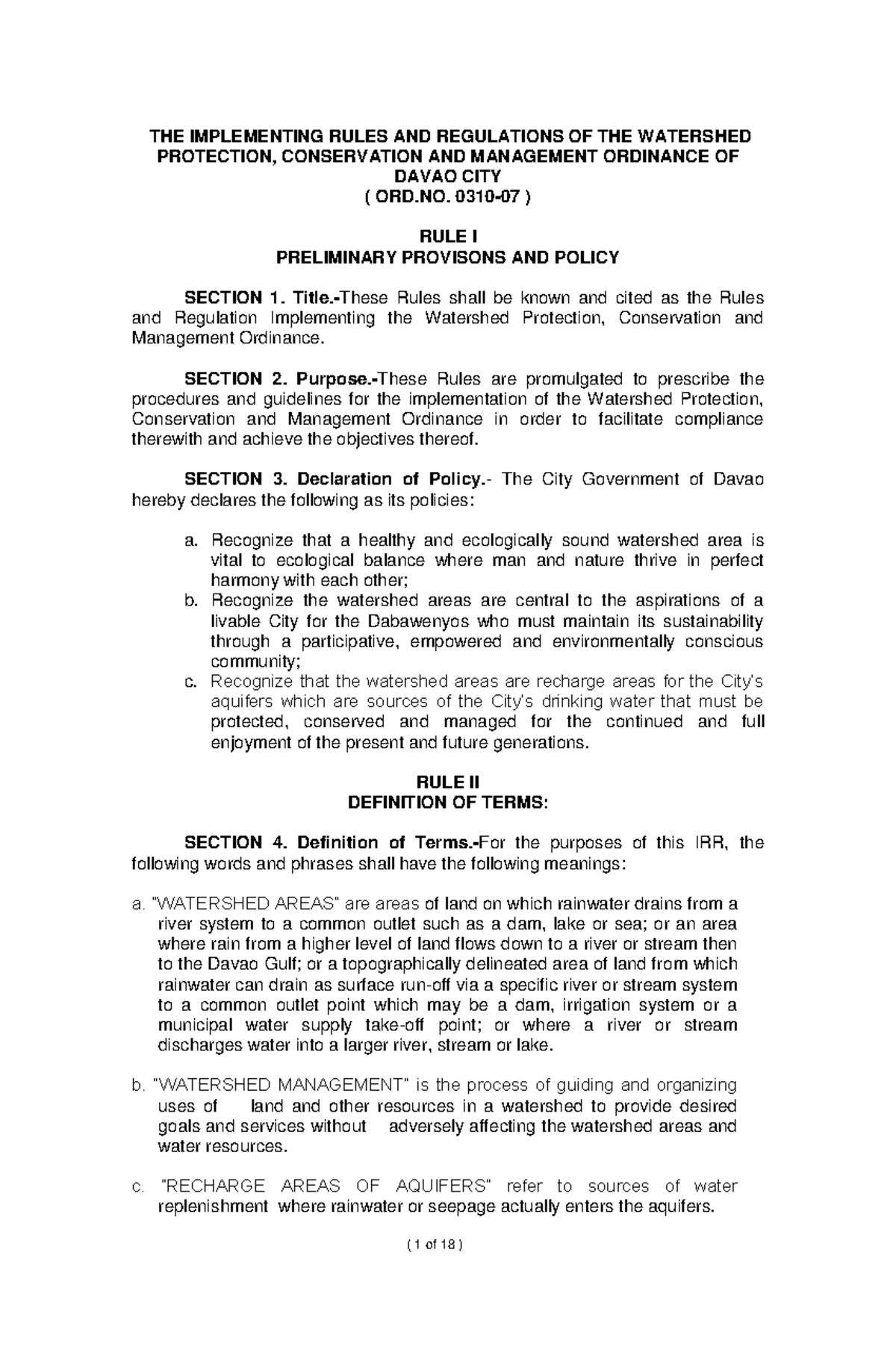 DC Watershed Code IRR final - THE IMPLEMENTING RULES AND REGULATIONS OF ...