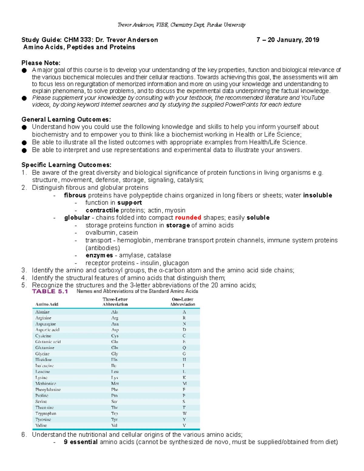 1. Study Guide Amino Acids and Proteins (Spring 2019 ) - Study Guide ...