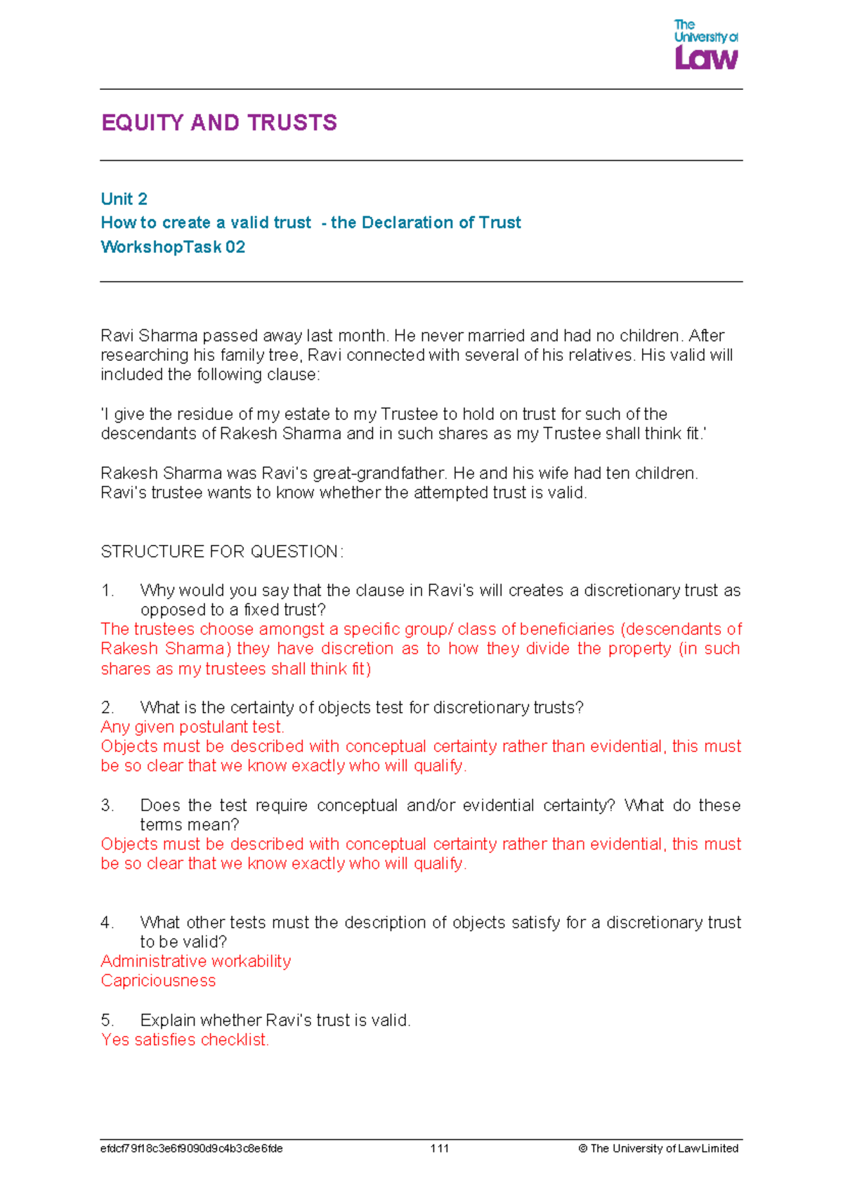 E&T Unit 2 Task 2 - task 2 from workshop 2 - EQUITY AND TRUSTS Unit 2 How to create a valid ...
