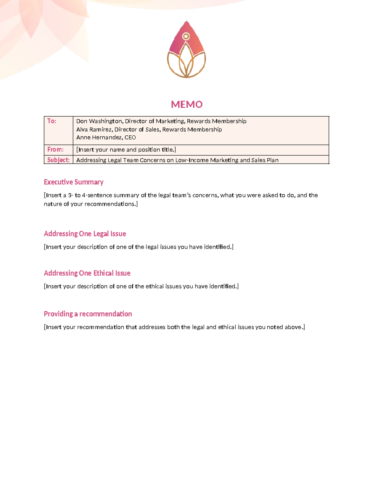MBA 500 Project Three Milestone Response Memo Template - MEMO To: Don ...