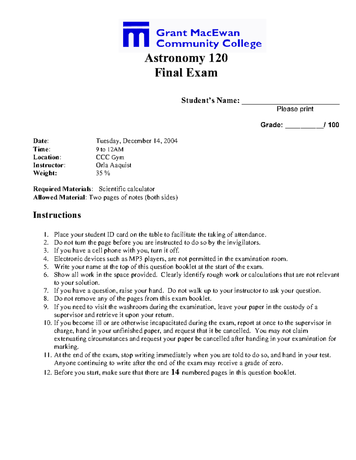Exam December 2004, questions - fall final exam - Astronomy 120 Final ...
