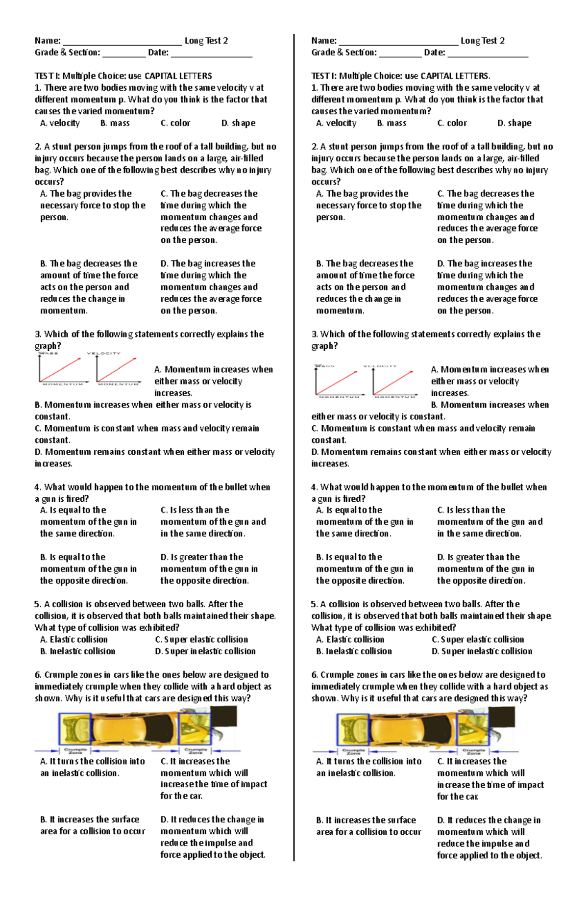 LONG TEST 2 Impulse Momentum Collision - Name ...