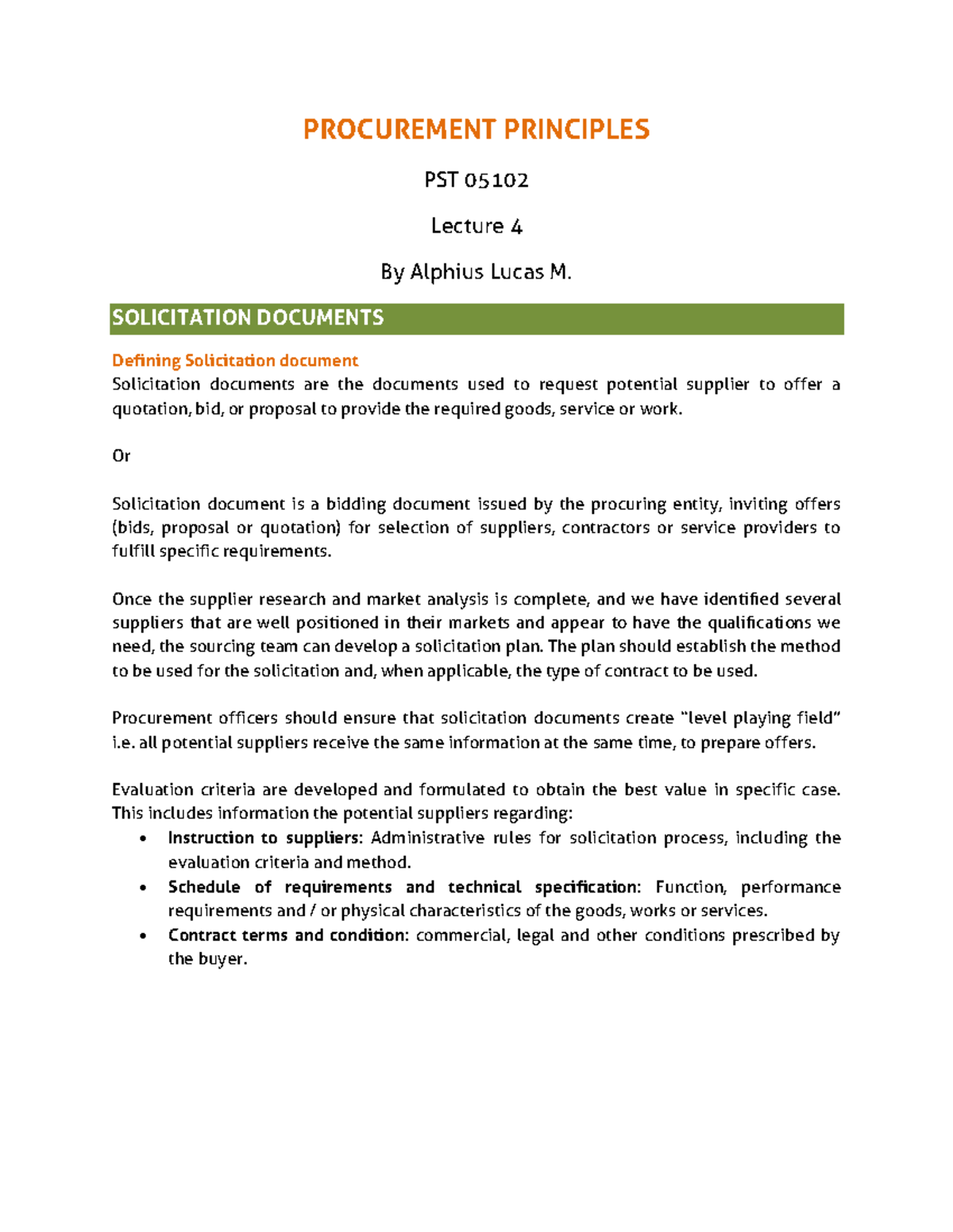 Procurement Principles - PROCUREMENT PRINCIPLES PST 05102 Lecture 4 By Alphius Lucas M ...