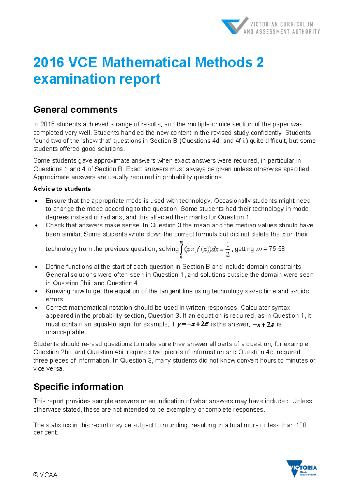 Methods paper 2021 Exam 2 Calulator allowed Vce - © VCAA 2016 VCE ...