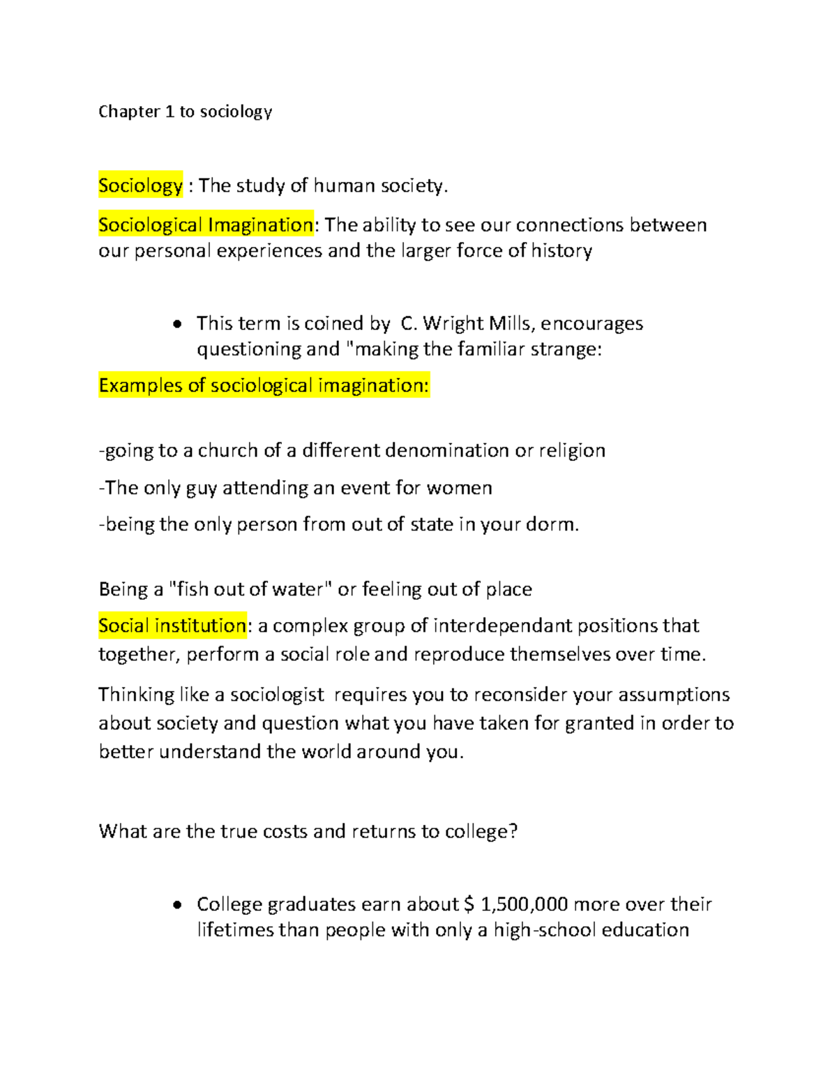 Document 34 - Chapter 1 notes - Chapter 1 to sociology Sociology : The ...