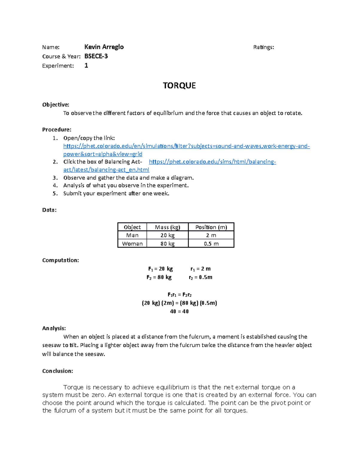 Experiment 1 - Laboratory report - Name: Kevin Arreglo Course Year ...