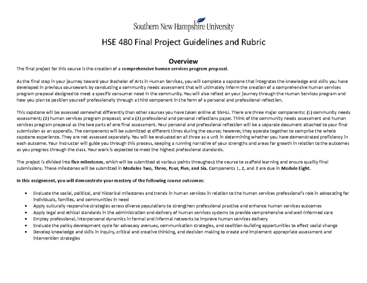 HSE 480 Final Project Guidelines and Rubric - As the final stop in your ...