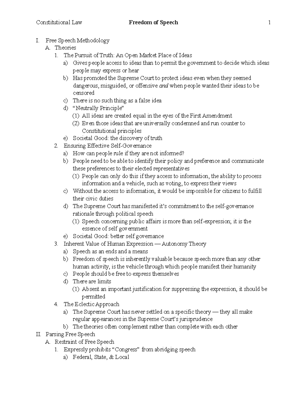 Free Speech Outline - I. Free Speech Methodology A. Theories 1. The ...