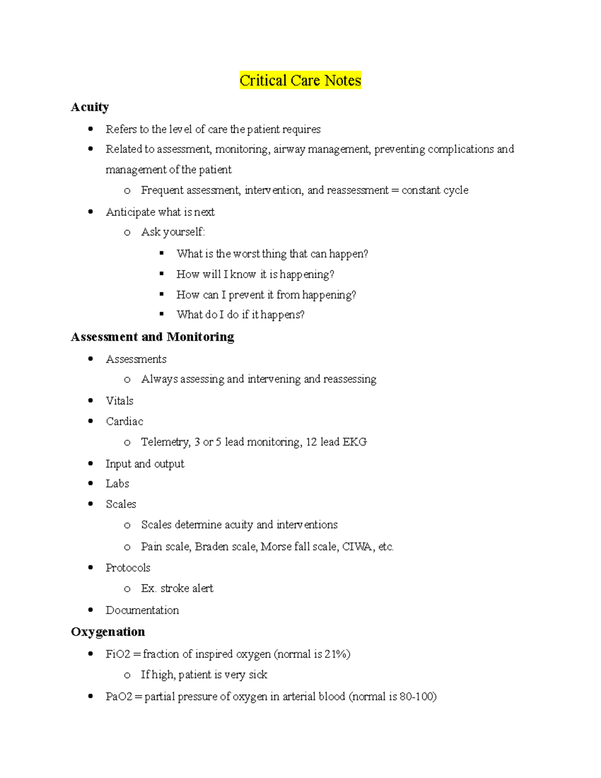 319 Critical Care Notes - Critical Care Notes Acuity Refers to the ...