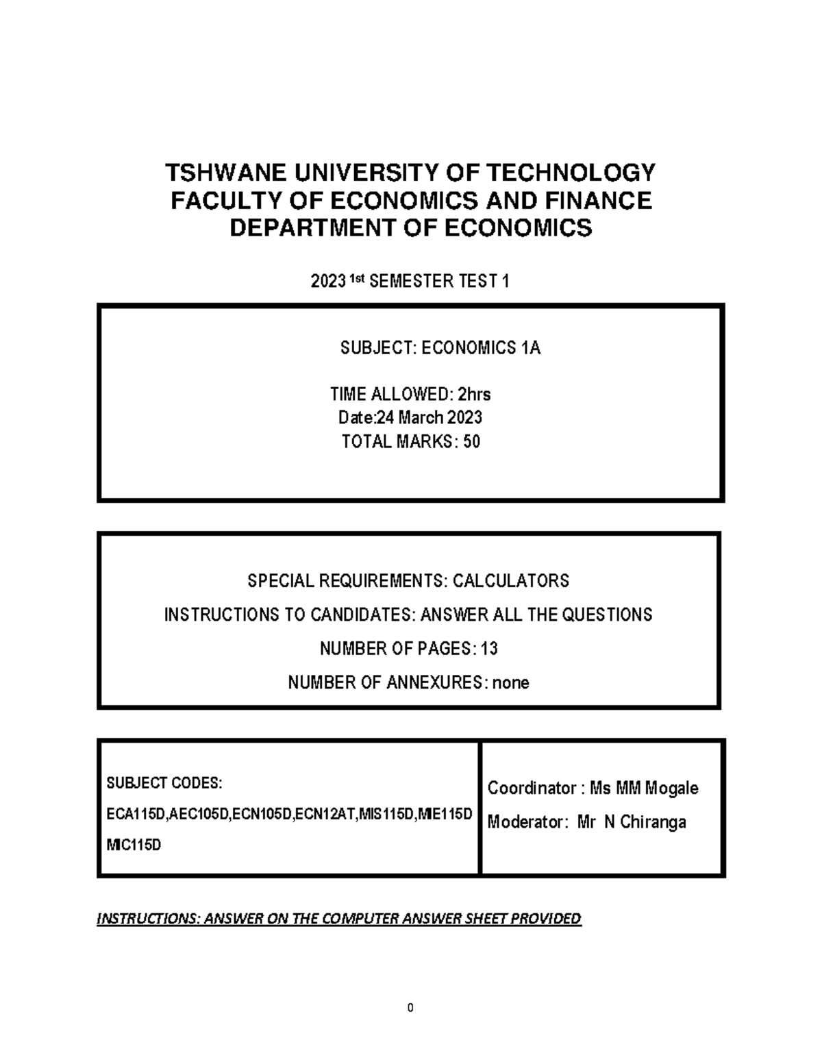 Economics Test 1 2023 - mmmm - TSHWANE UNIVERSITY OF TECHNOLOGY FACULTY ...