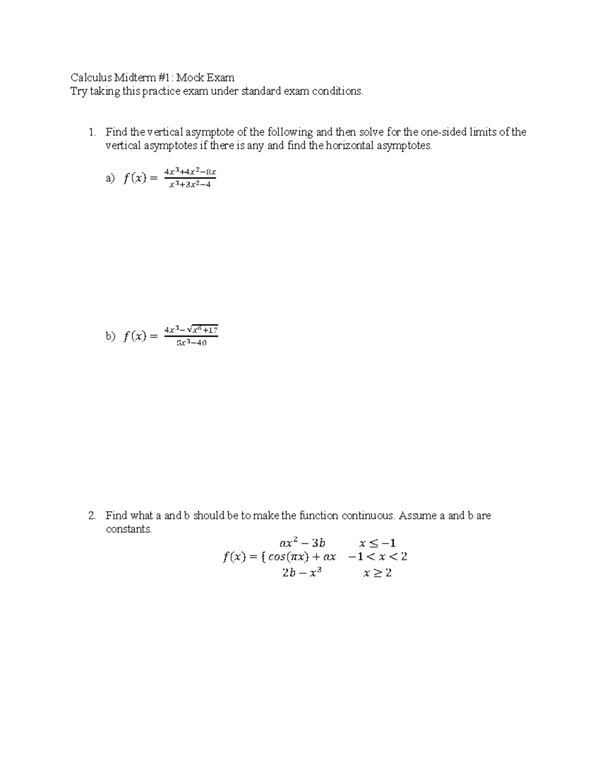 Calculus practice exam - Calculus Midterm # 1 : Mock Exam Try taking ...