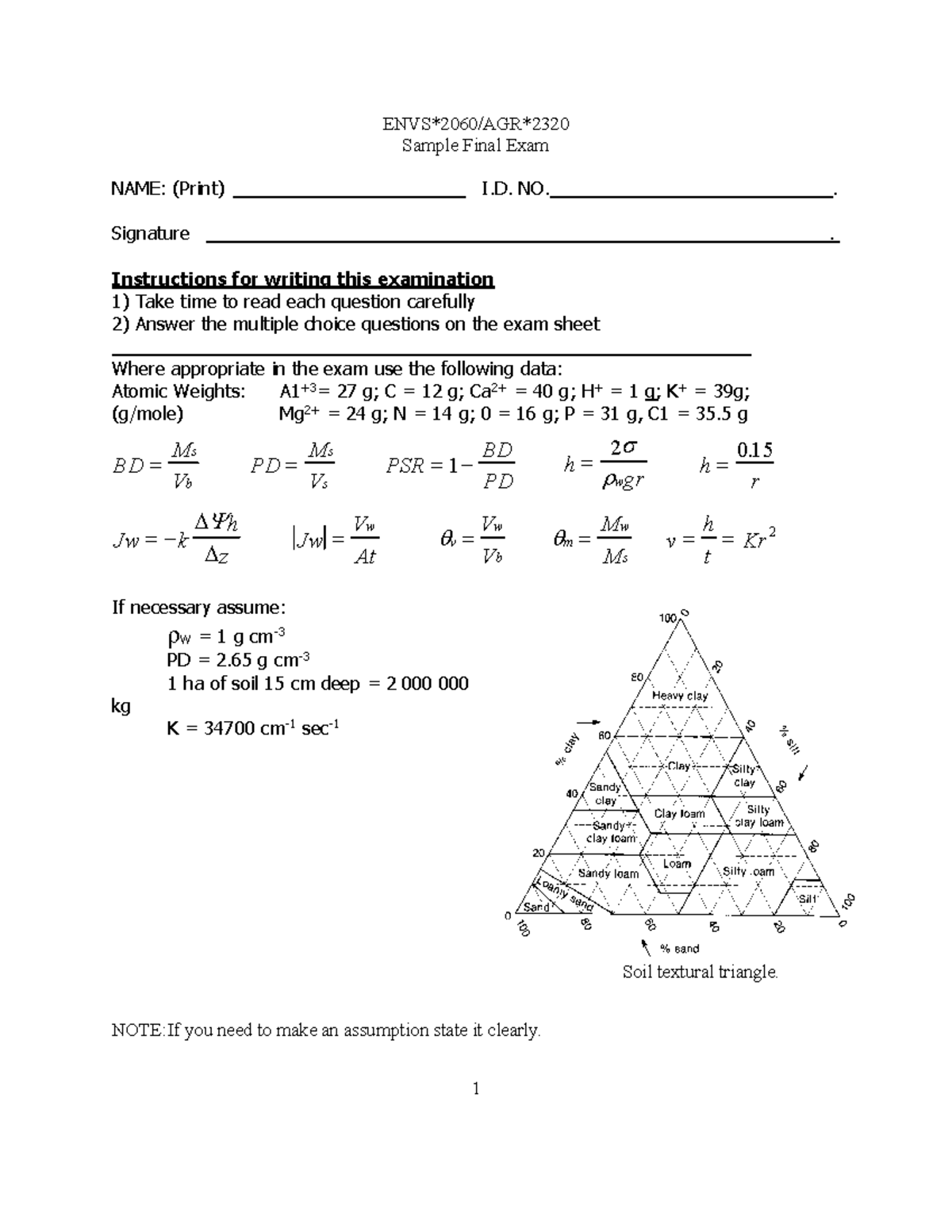 Final practice - ENVS2060/AGR Sample Final Exam NAME: (Print) I. NO ...