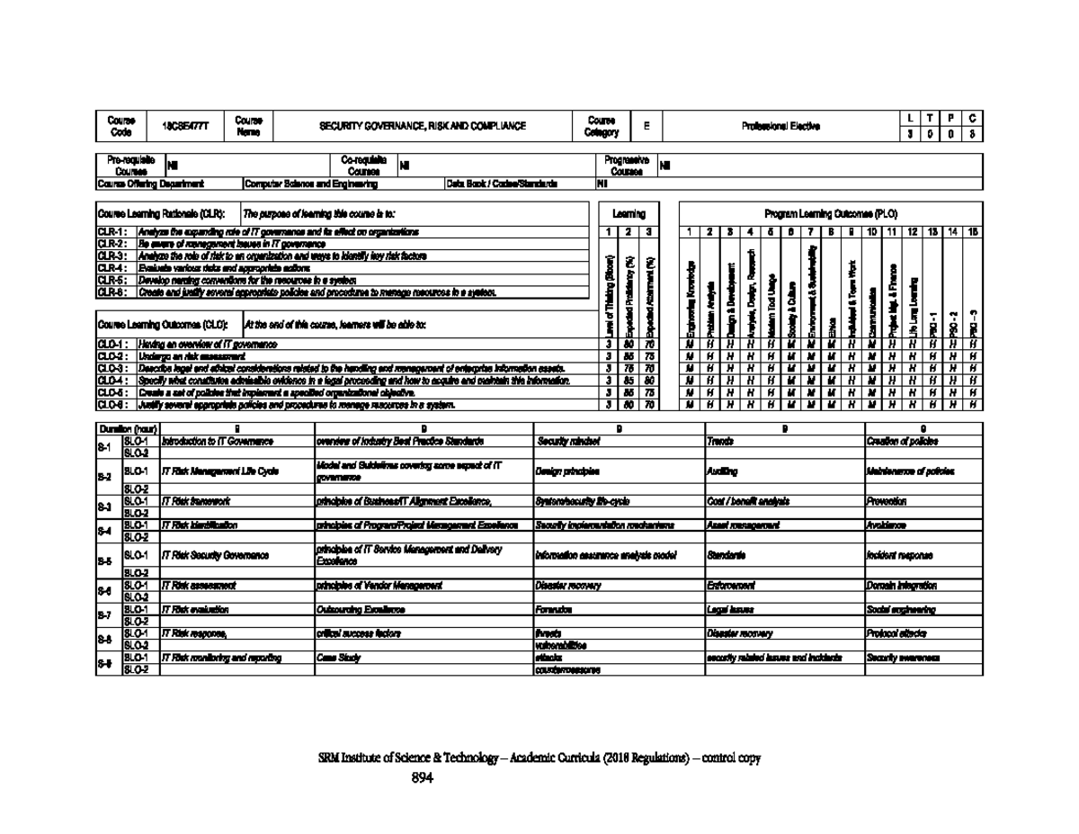 1. Syllabus - Course Course Course LTPC 18CSE477T SECURITY GOVERNANCE ...