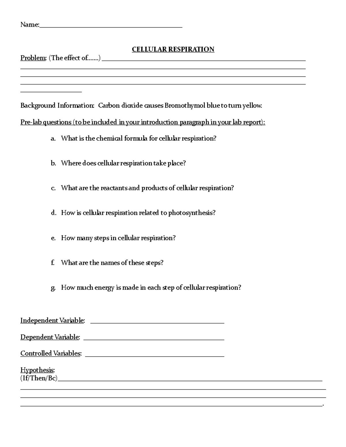 Cellular Respiration Lab - CELLULAR RESPIRATION Problem: (The effect of ...