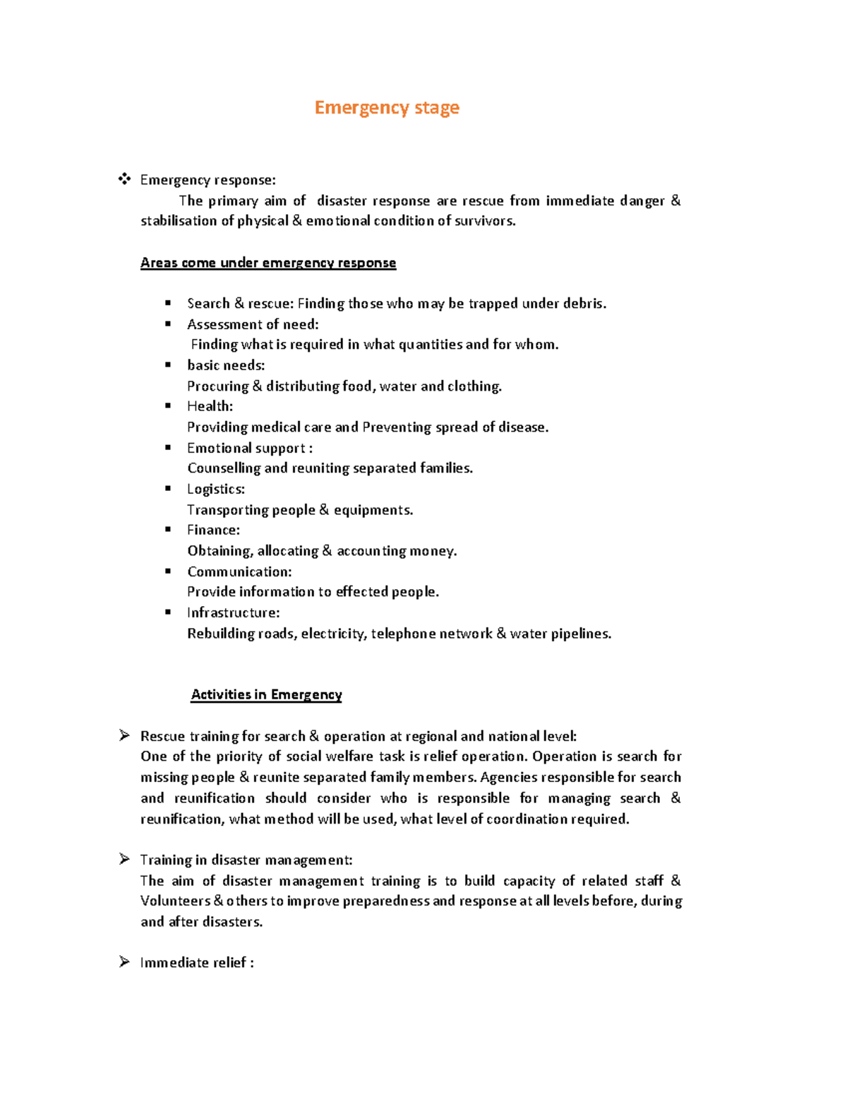 Emergency stage and activities - Emergency stage Emergency response ...