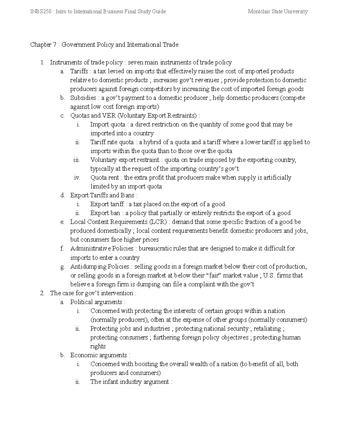 Final Study Guide - INBS250 - Chapter 7 : Government Policy and ...