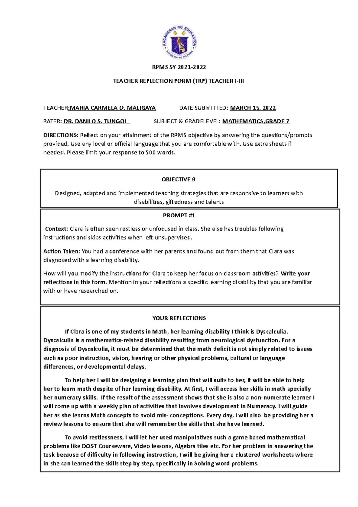 RPMS-SY-2021-Teachers-reflection-form(Obj9Student with Disability ...