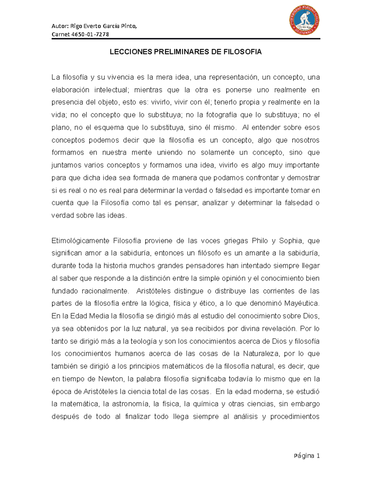 Lecciones Preliminares DE Filosofia Resumen Final - Carnet 4650-01- LECCIONES PRELIMINARES DE ...
