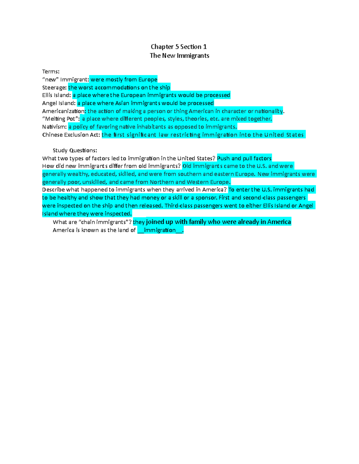 Chapter 5 section 1 - Chapter 5 Section 1 The New Immigrants Terms ...
