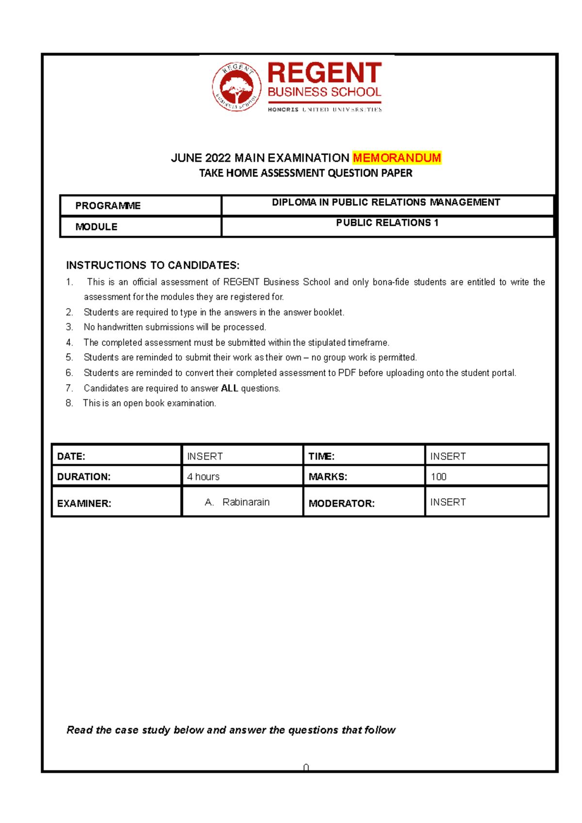 DPRM Public Relations 1 MEMO - JUNE 2022 MAIN EXAMINATION MEMORANDUM ...
