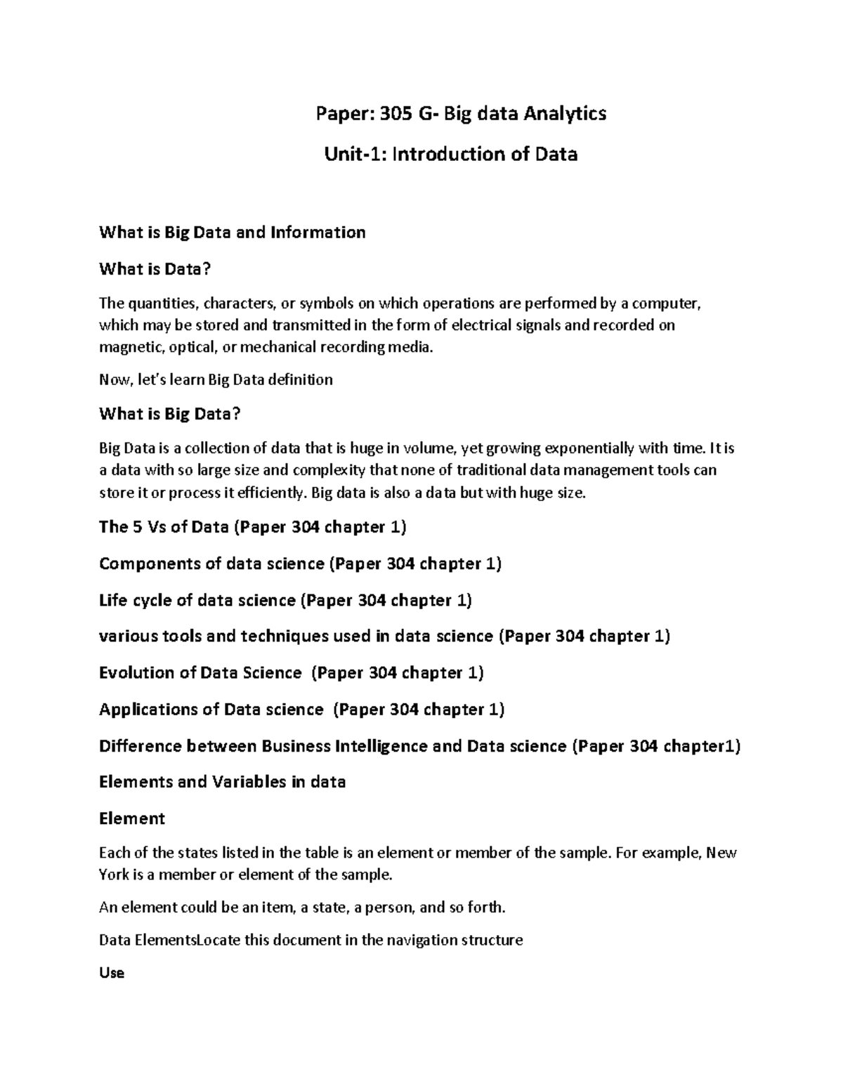Paper 305 chapter 1 - Data - Paper: 305 G- Big data Analytics Unit-1 ...