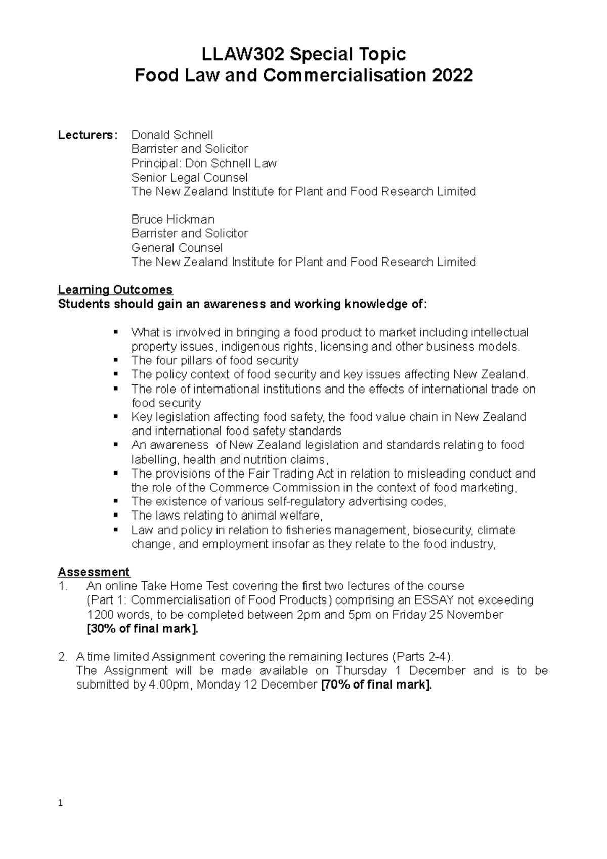 Food Law Course outline 2022 - LLAW302 Special Topic Food Law and ...