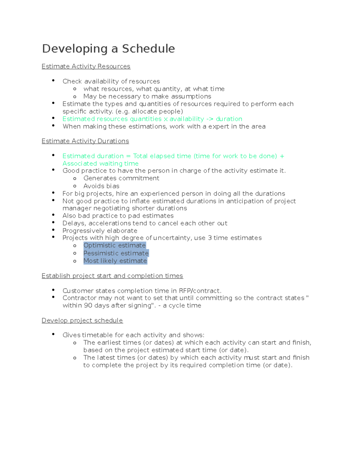 COIS 3850H Note 2 - Developing a Schedule - Developing a Schedule ...