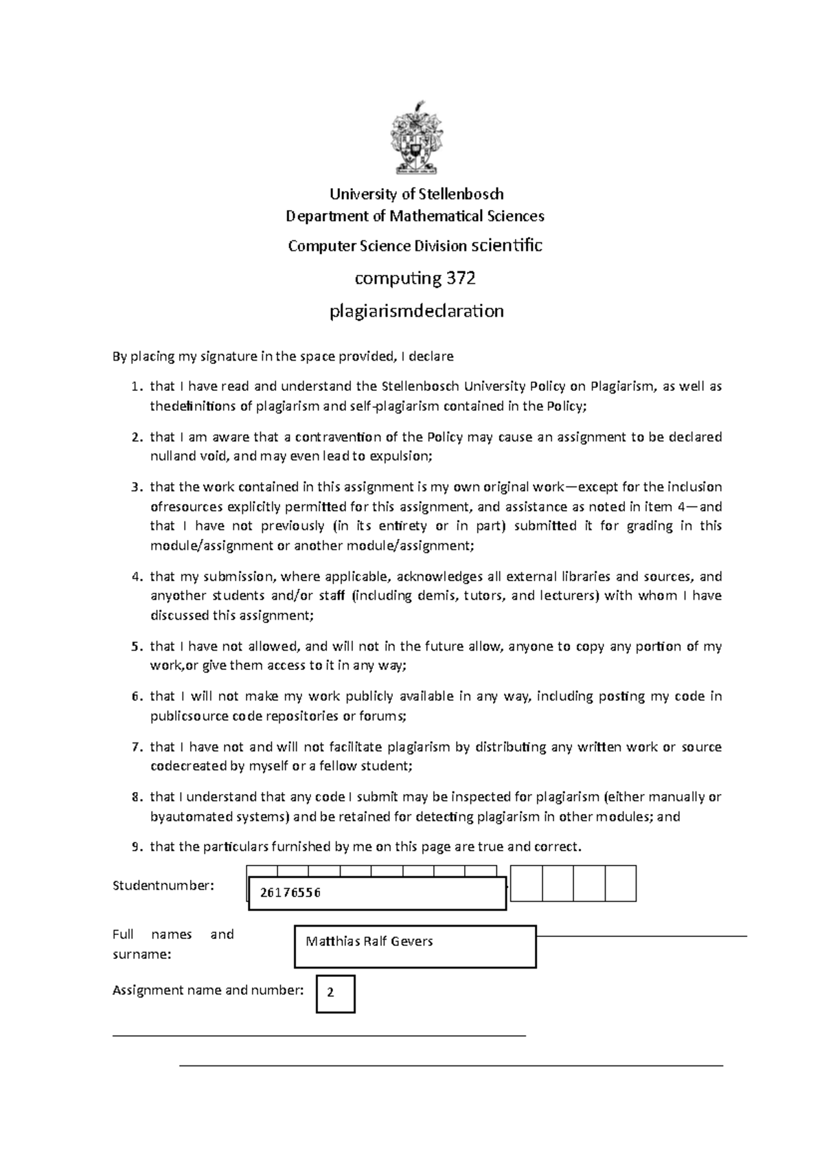 WB372 Plagiarism Declaration - University of Stellenbosch Department of ...