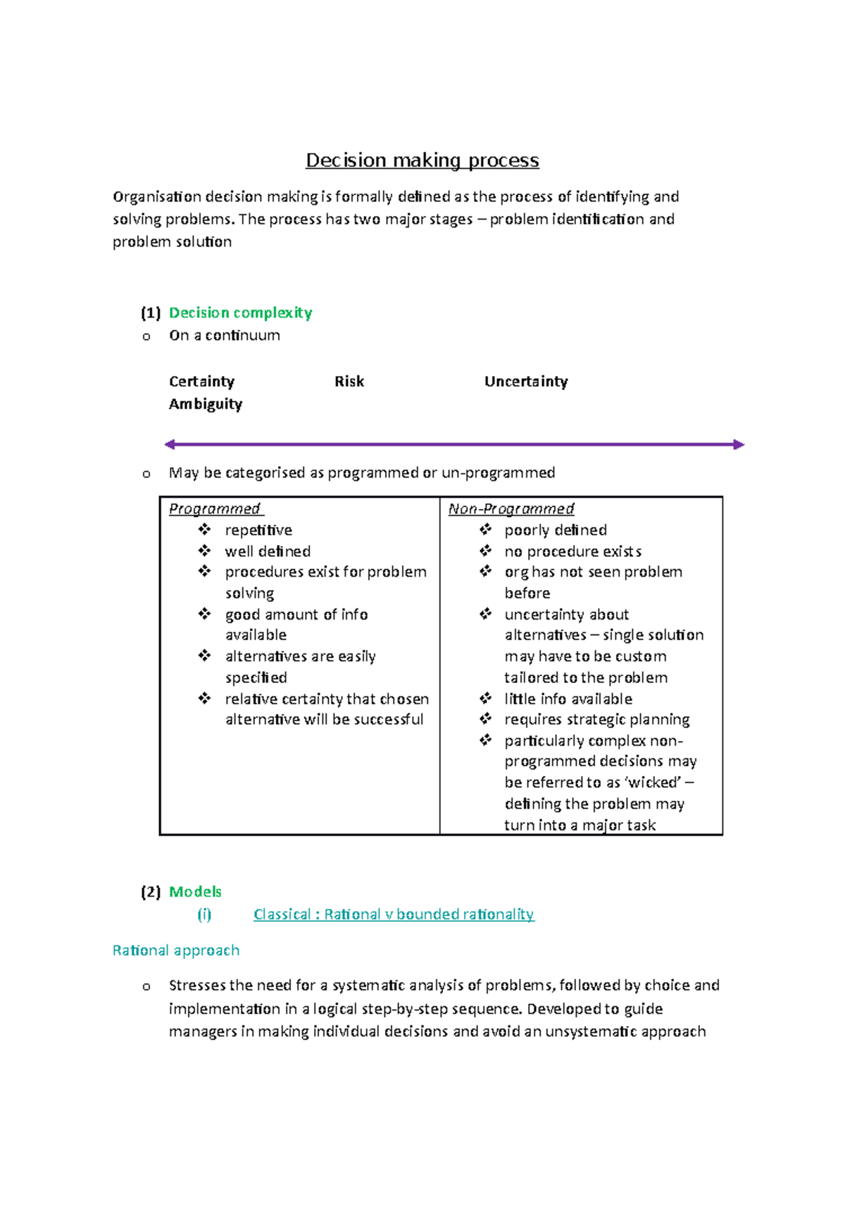 Decision making notes - Decision making process Organisation decision ...
