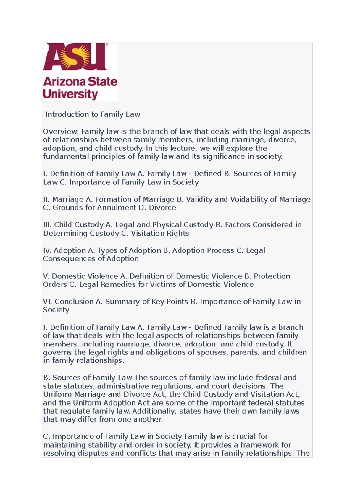 Family Law - Introduction to Family Law Overview: Family law is the ...