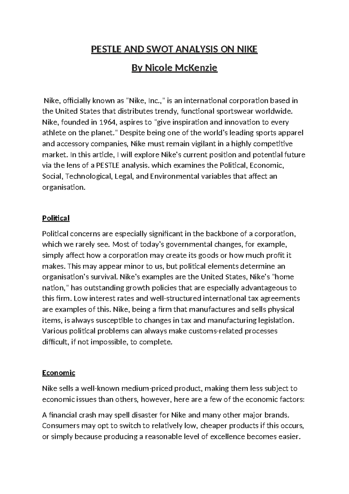 Pestle AND SWOT Analysis ON NIKE - PESTLE AND SWOT ANALYSIS ON NIKE By ...