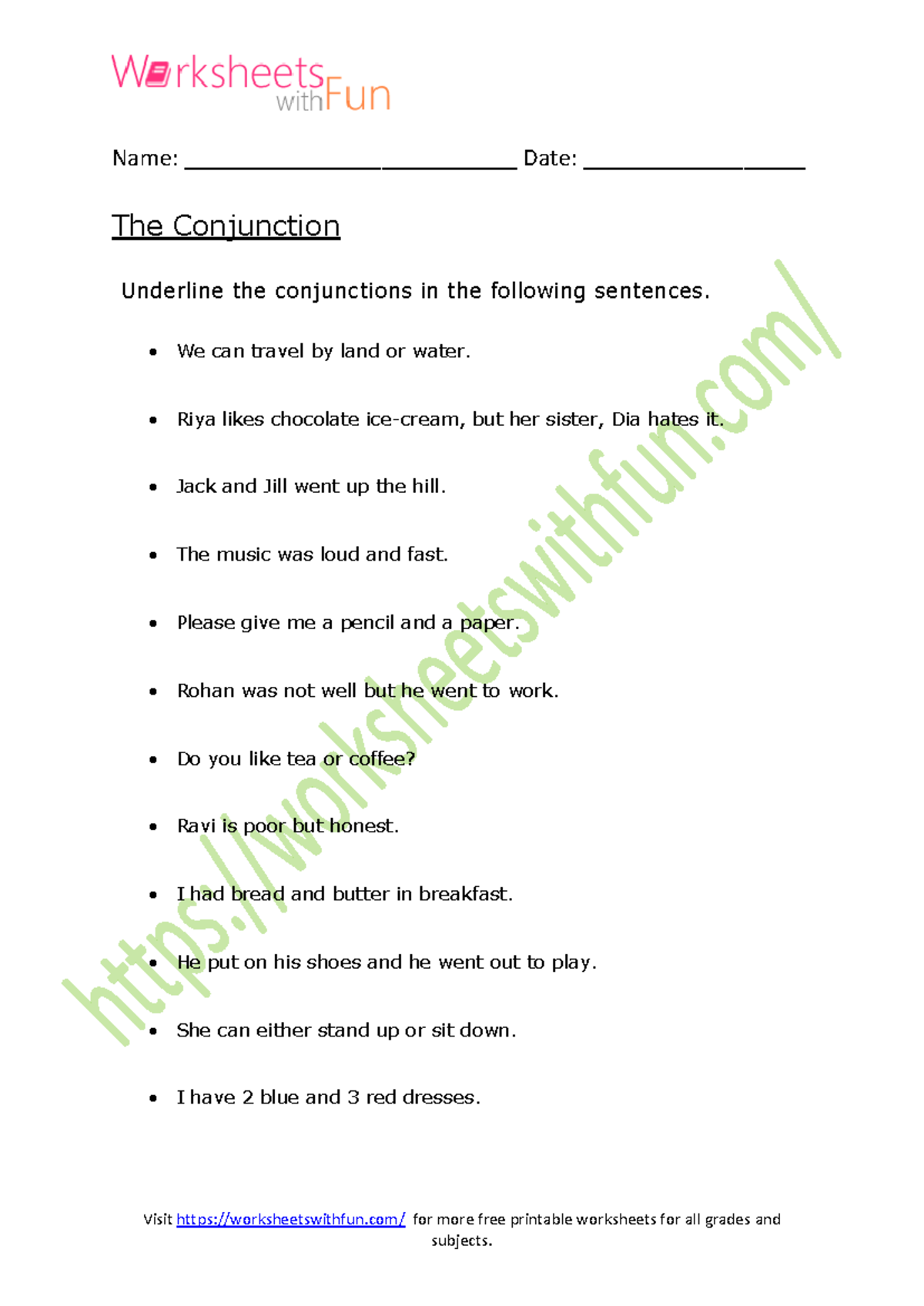 Conjunction Worksheet 1 - Visit worksheetswithfun/ for more free ...
