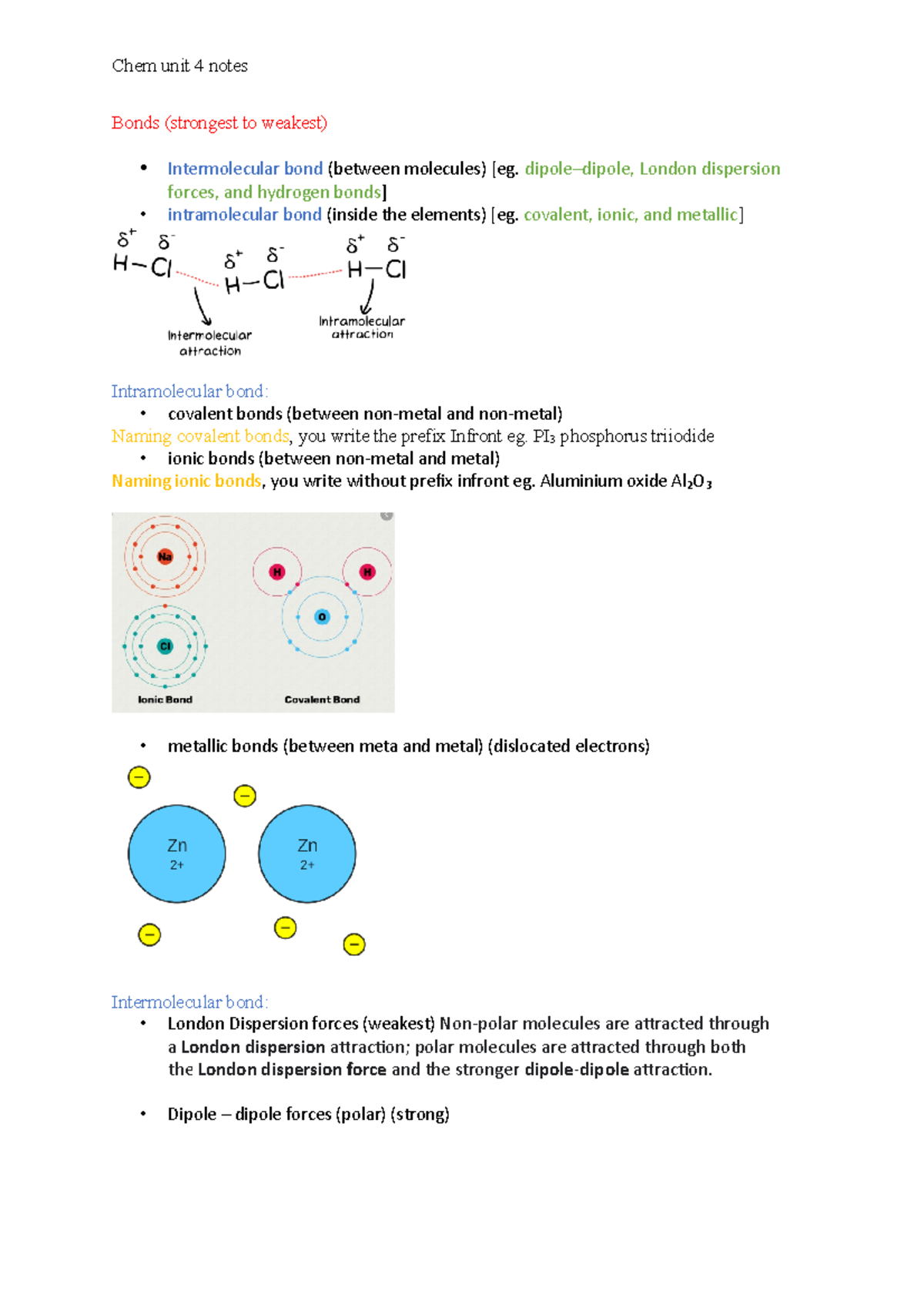 Chapter 7 notes - Bonds (strongest to weakest) • Intermolecular bond ...
