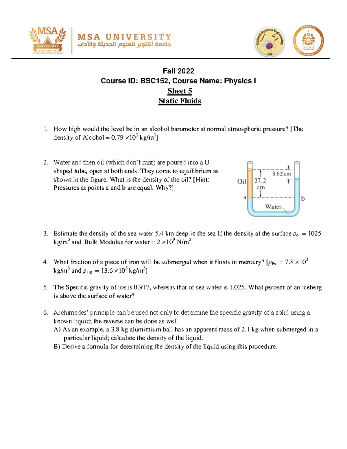 Physics - sheet 5 on static fluids - Fall 2022 Course ID: BSC152 ...