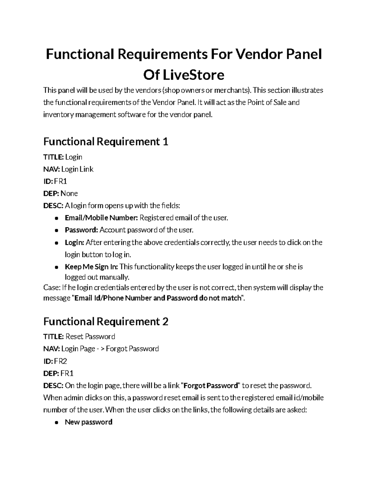 Functional Requirements For Vendor Panel Of Live Store - Functional ...