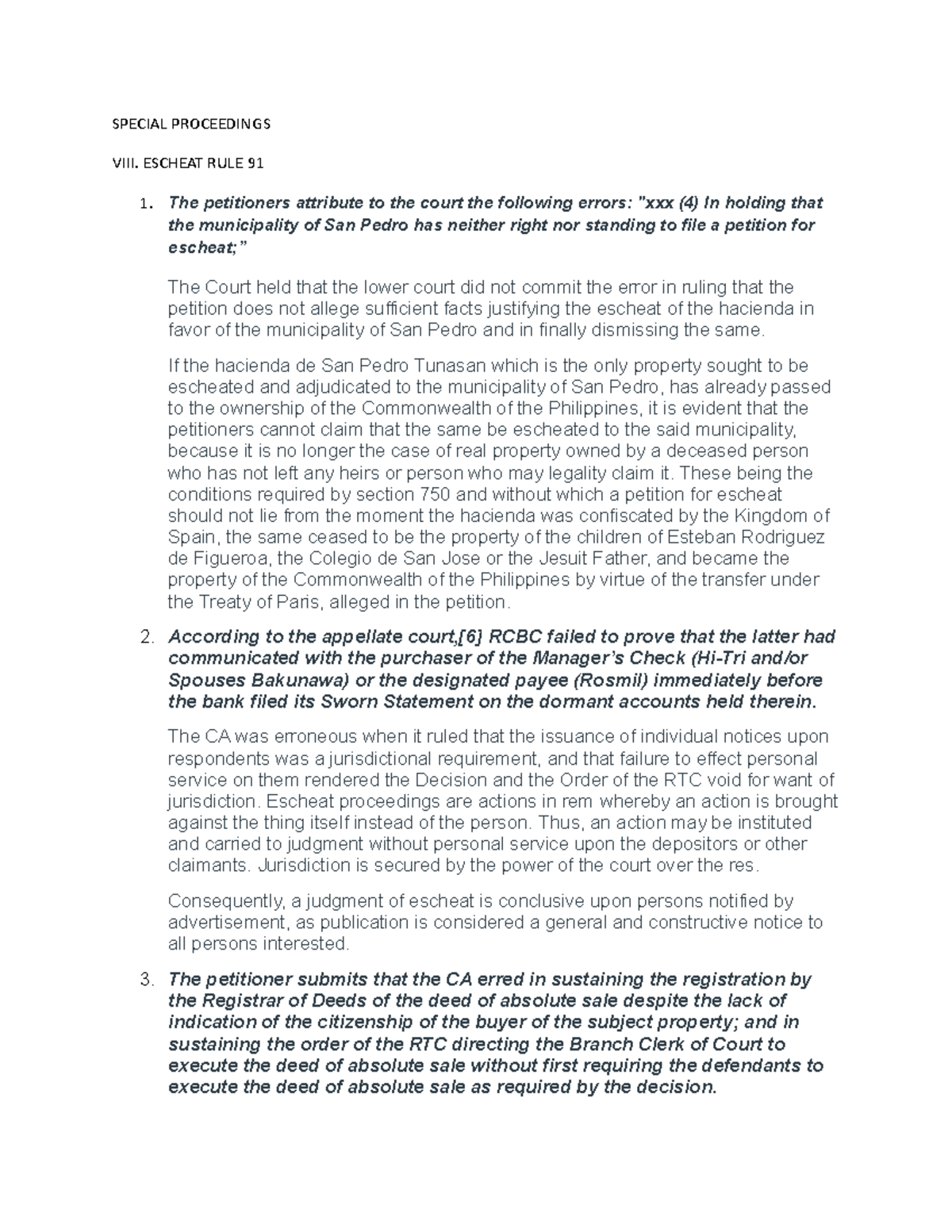 Special Proceedings Reviewer - SPECIAL PROCEEDINGS VIII. ESCHEAT RULE ...