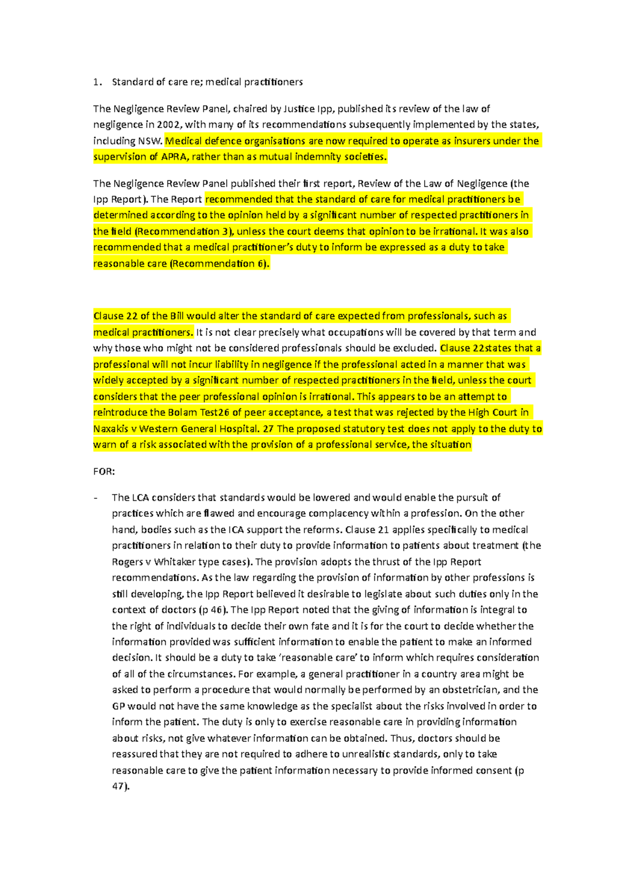Structured notes on Bolam Rule - Standard of care re; medical ...