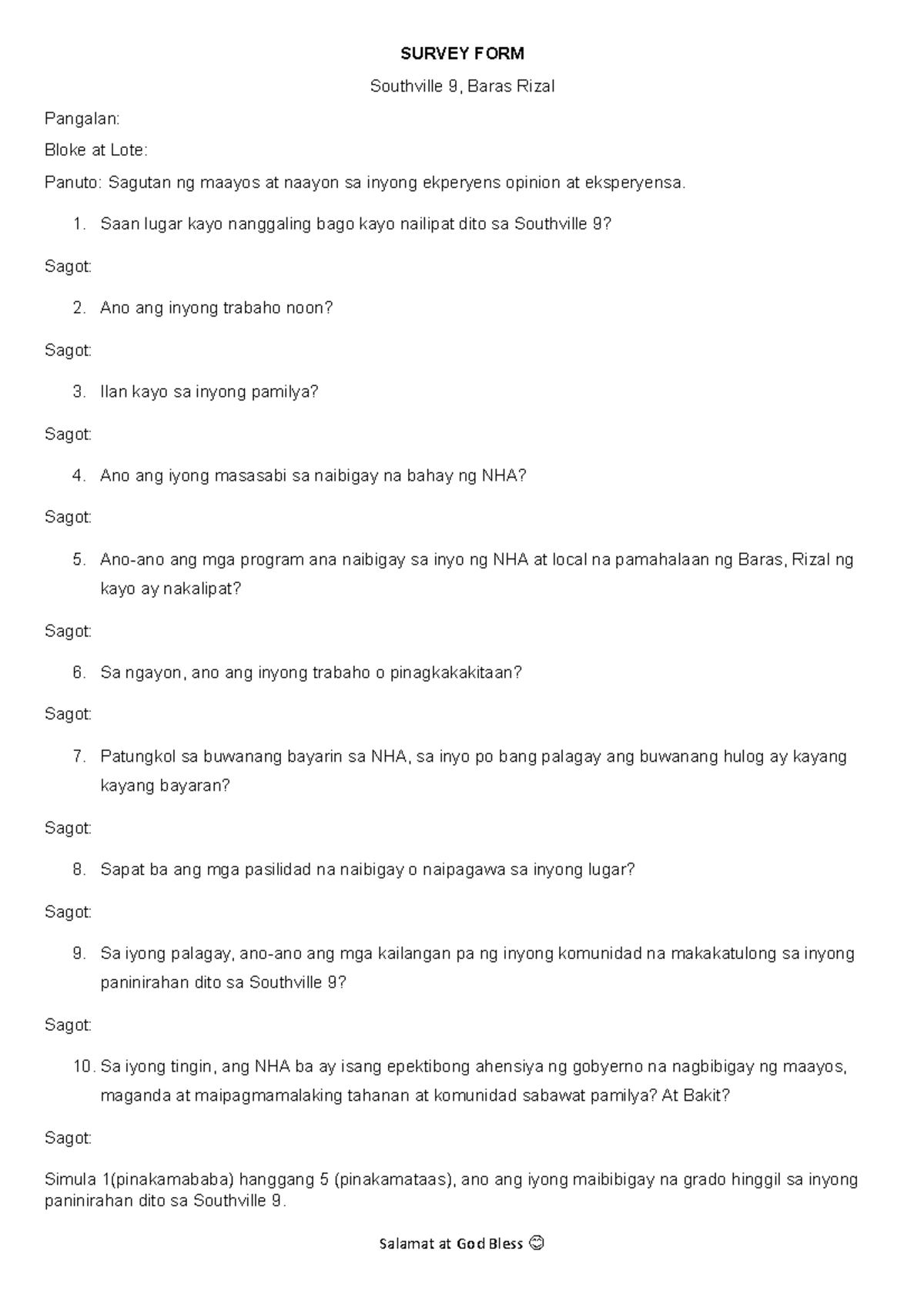 Survey-SV9 - questionnaire - SURVEY FORM Southville 9, Baras Rizal ...