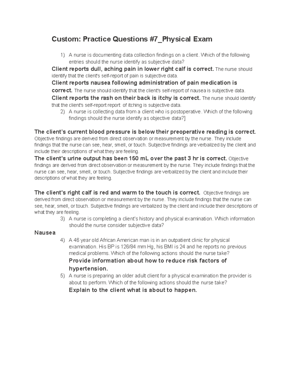 Custom Practice Questions #7 Physical Exam - Which of the following ...