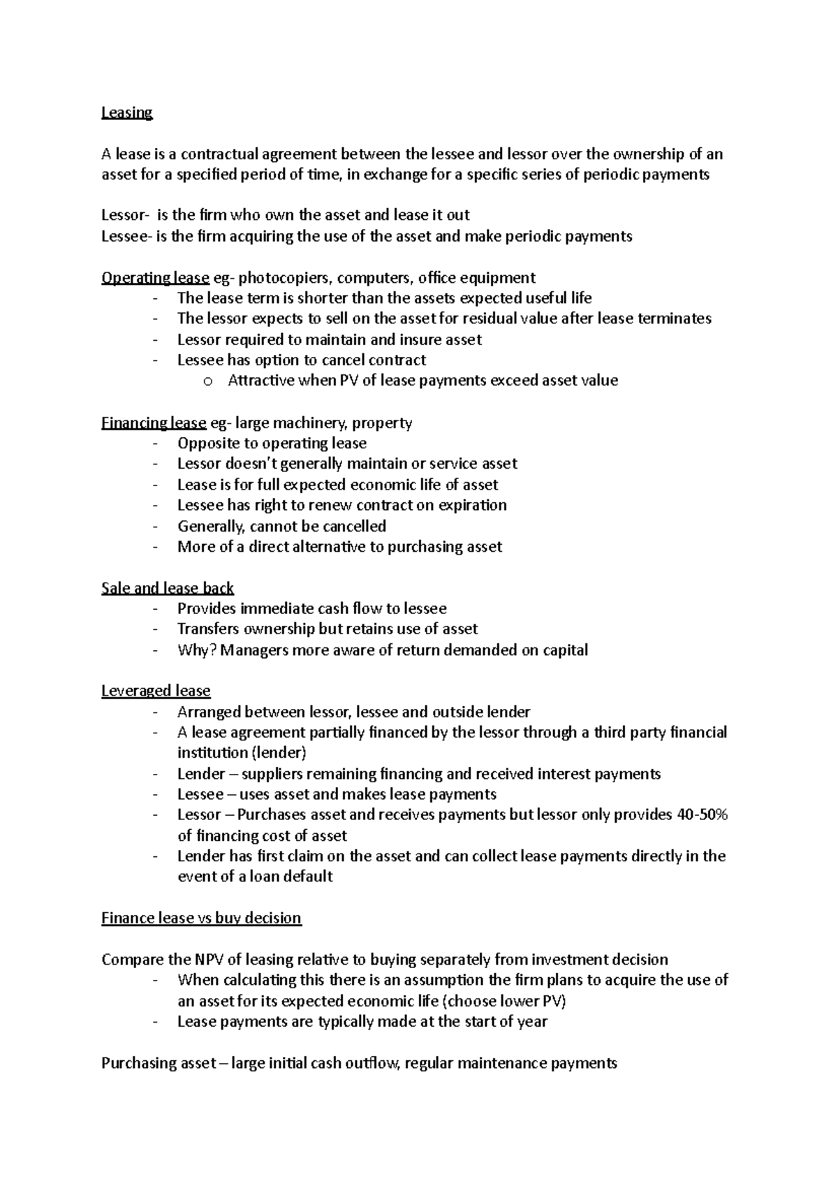 Leasing plan - Leasing A lease is a contractual agreement between the ...