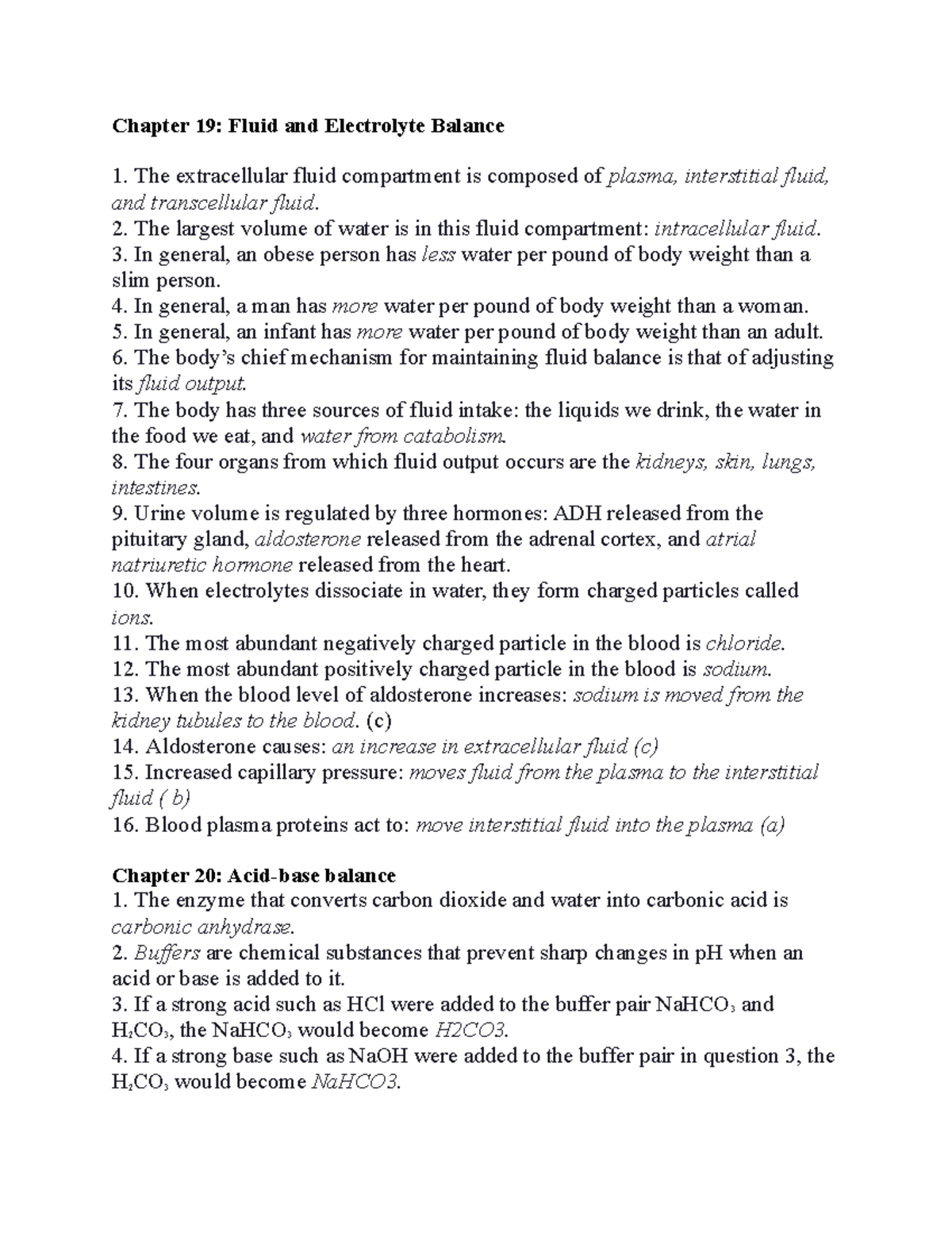 Chapter 19 & 20 & 21 - Chapter 19: Fluid and Electrolyte Balance The ...