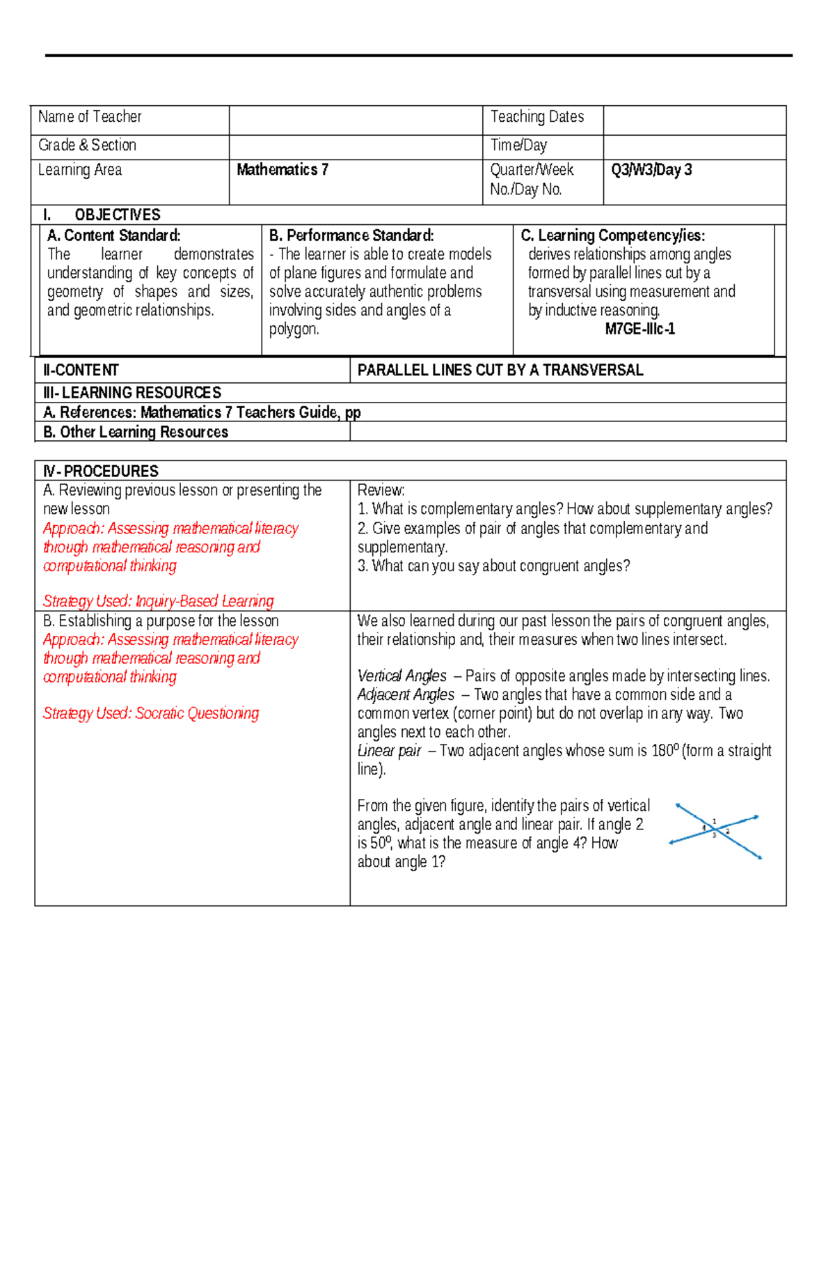 SOLO- Lesson-PLAN - Name of Teacher Teaching Dates Grade & Section Time ...