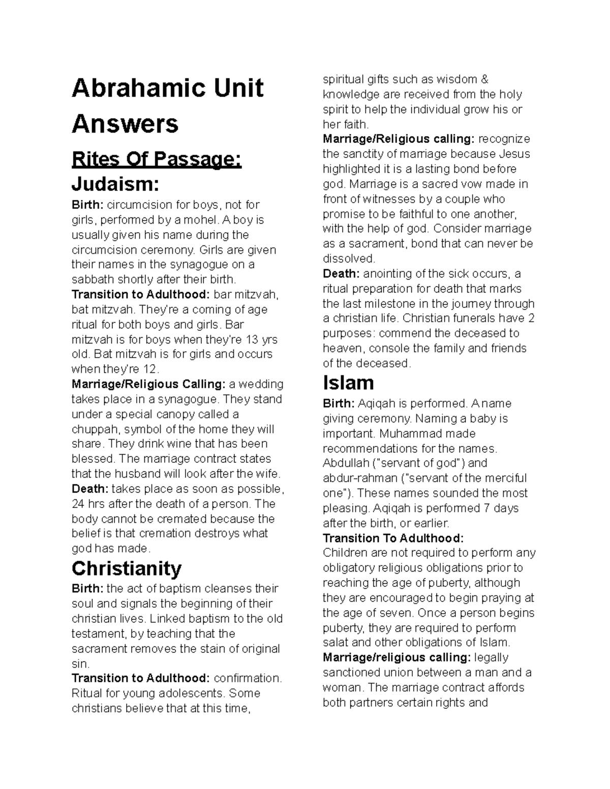 Abrahamic Unit Answers - Abrahamic Unit Answers Rites Of Passage ...