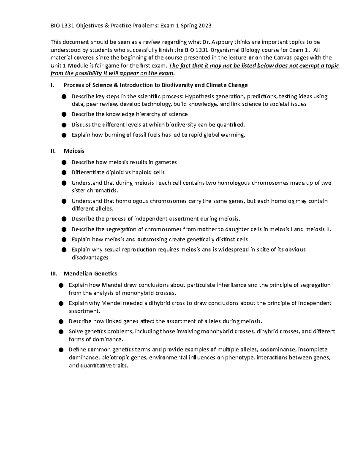 BIO1331 EXAM1 Review Aspbury - This document should be seen as a review ...