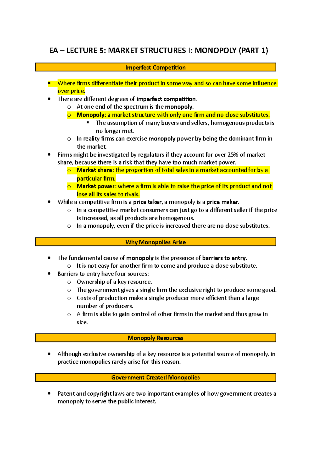 EA Lecture 5 PART 1 - Semester 2 - EA – LECTURE 5: MARKET STRUCTURES I ...