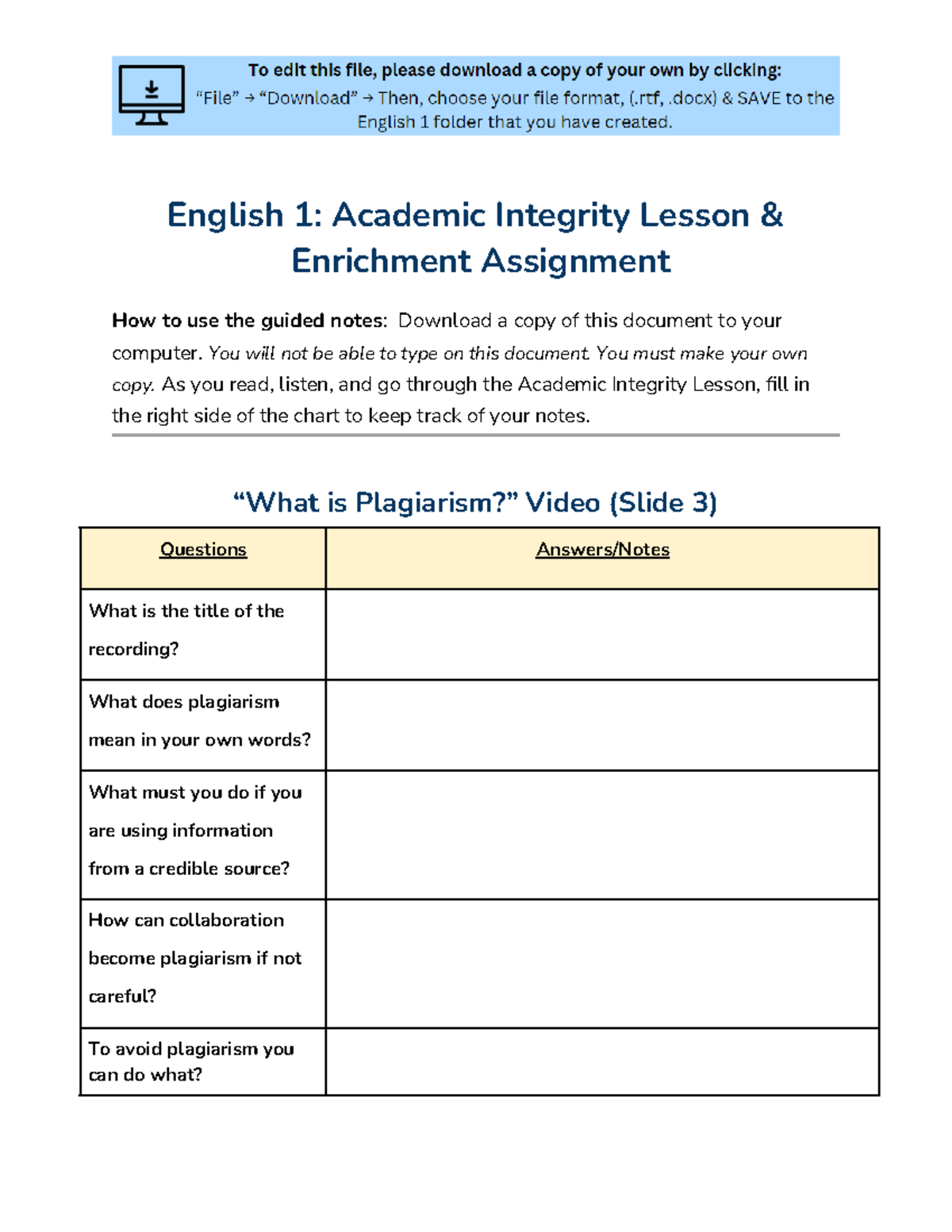 English 1 AI Enrichment Assignment Guided Notes - English 1: Academic ...