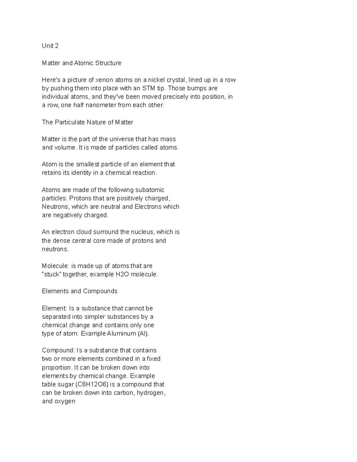 Unit 2 CHEM 101 Notes - Unit 2 Matter and Atomic Structure Here's a ...