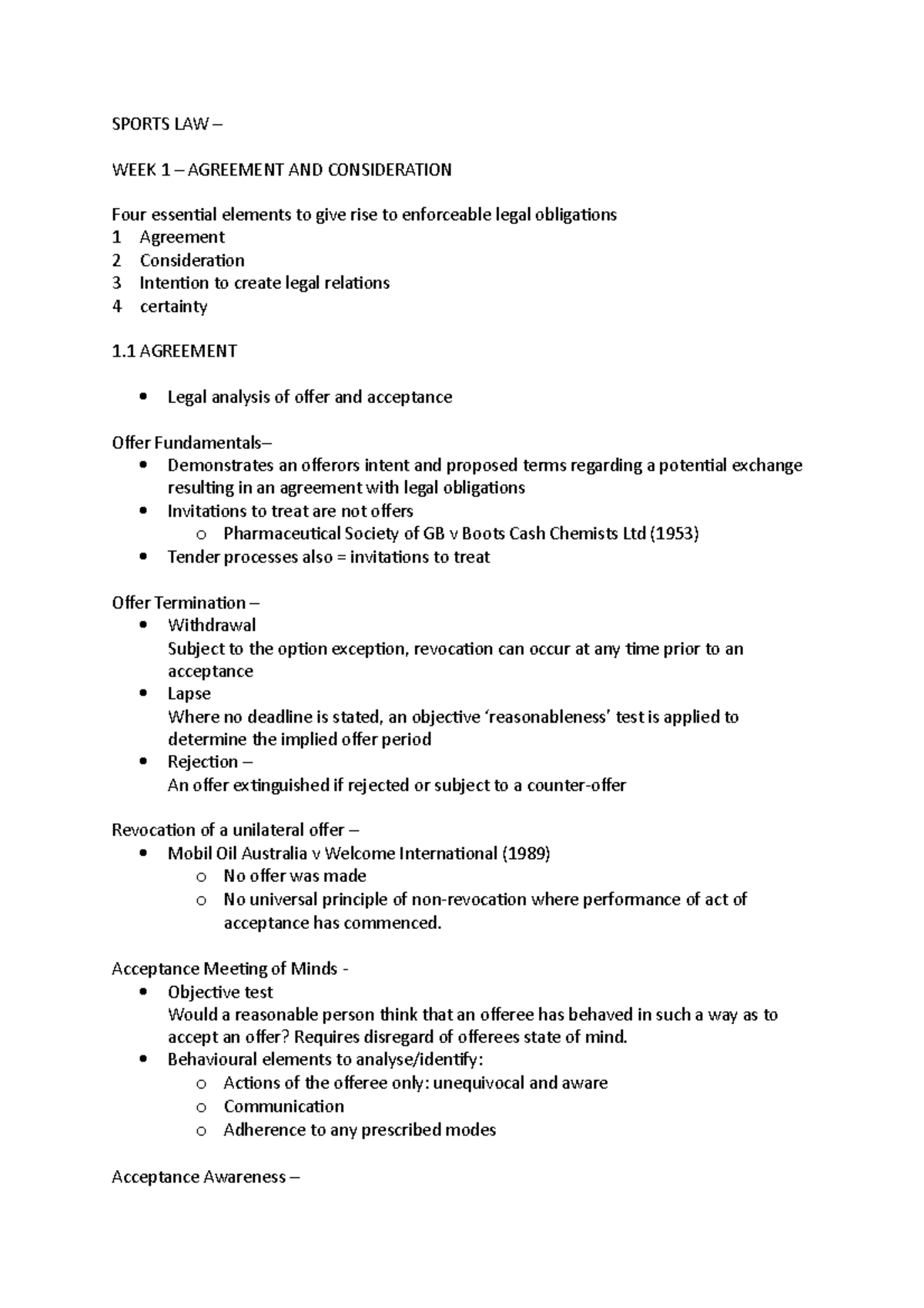 Contract Law lecture - SPORTS LAW – WEEK 1 – AGREEMENT AND ...