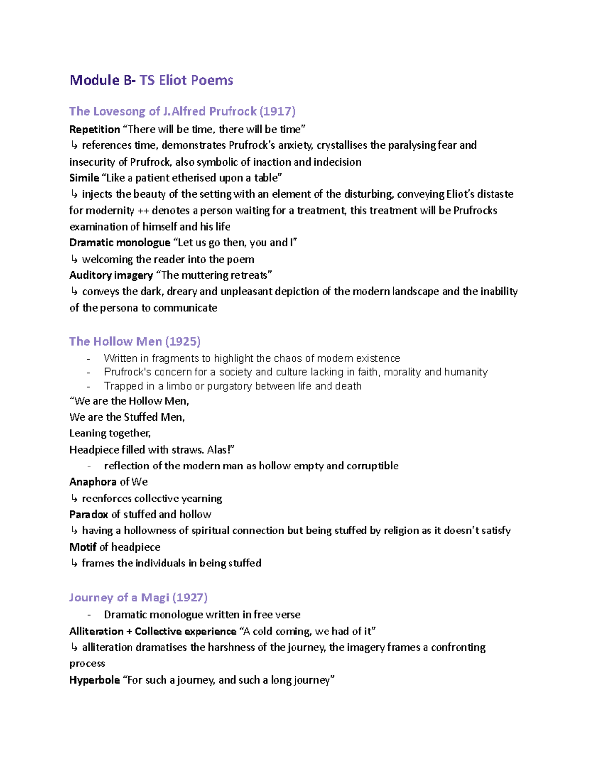 ENG Mod B - english course content summary - Module B- TS Eliot Poems ...